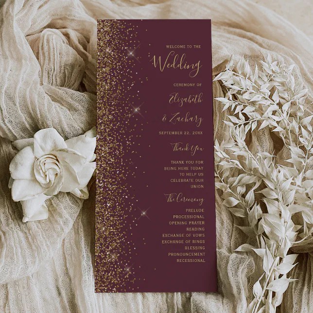 Modern Dark Burgundy Gold Glitter Wedding Program | Zazzle