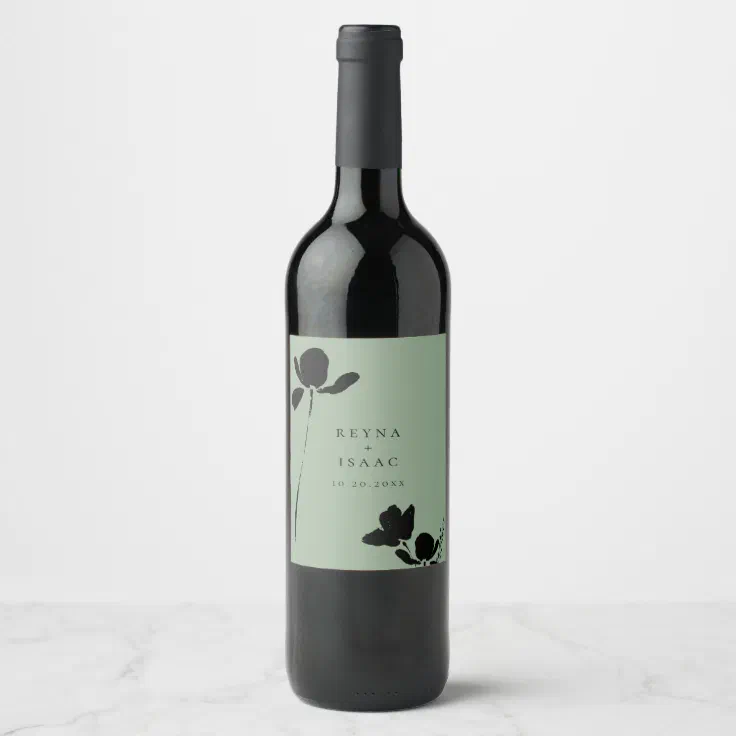 Modern Dark Floral Sage Green Wine Label | Zazzle