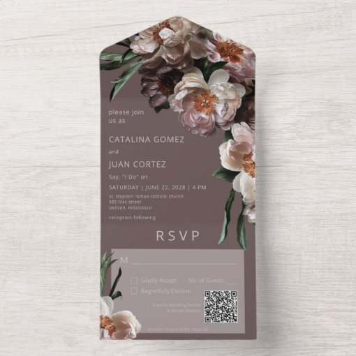 Modern Dark Flower Blossoms Brown QR Code All In One Invitation | Zazzle
