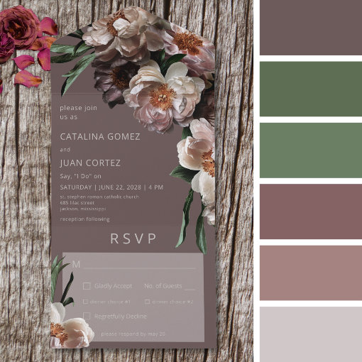Modern Dark Flower Blossoms Brown QR Code All In One Invitation | Zazzle