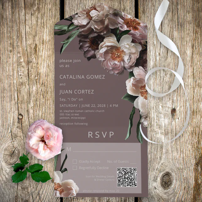 Modern Dark Flower Blossoms Brown QR Code All In One Invitation | Zazzle