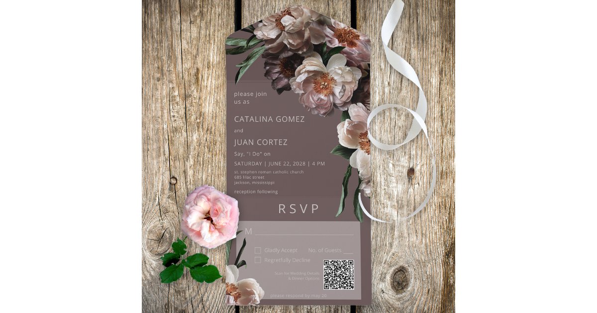 Modern Dark Flower Blossoms Brown QR Code All In One Invitation | Zazzle