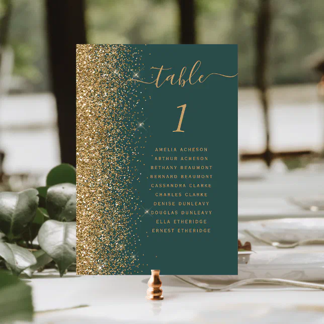 Modern Dark Green Gold Glitter Wedding Table Number | Zazzle