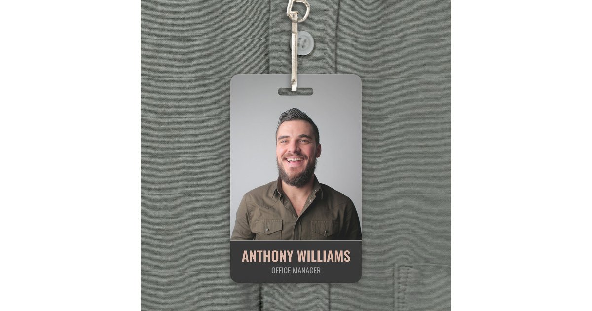 Modern Dark Large Photo Employee ID Badge | Zazzle