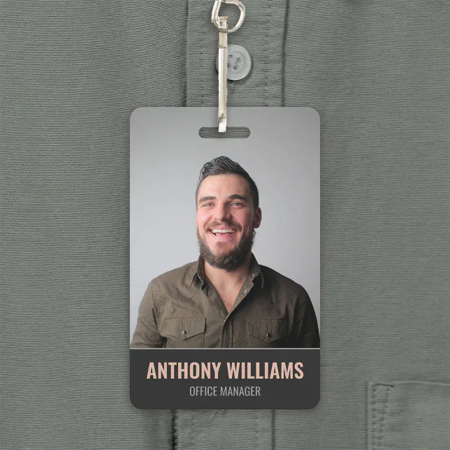 Modern Dark Large Photo Employee ID Badge | Zazzle