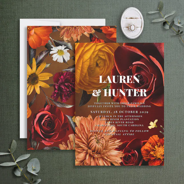 Modern Dark Moody Sunset Colors Floral Wedding Inv Invitation | Zazzle