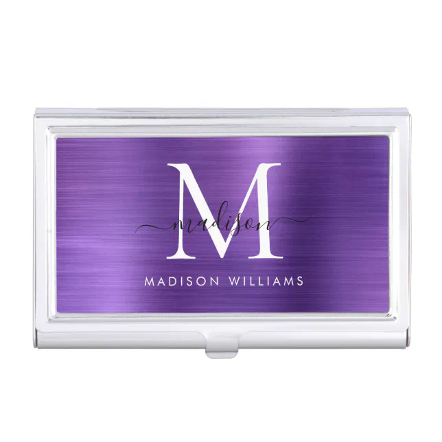 Modern Dark Purple Brushed Metal Monogram Script Business Card Case ...