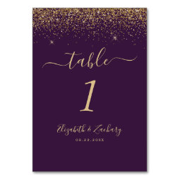 Modern Dark Purple Gold Glitter Edge Wedding Table Number | Zazzle