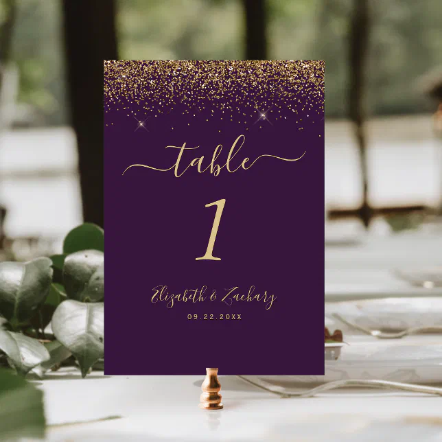 Modern Dark Purple Gold Glitter Edge Wedding Table Number | Zazzle