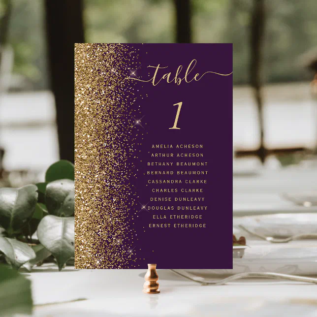 Modern Dark Purple Gold Glitter Wedding Table Number | Zazzle