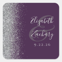 Modern Dark Purple Silver Glitter Edge Wedding Square Sticker | Zazzle