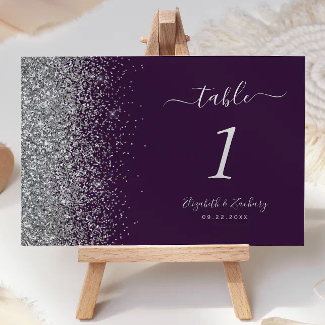 Modern Dark Purple Silver Glitter Edge Wedding Table Number | Zazzle