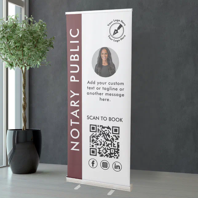 Modern Dark Red Sleek Notary Public Photo Logo QR Retractable Banner ...