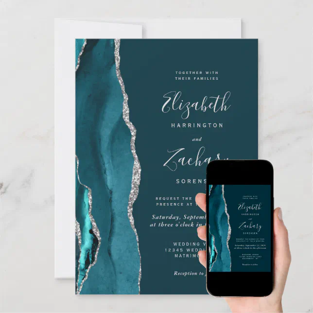 Modern Dark Teal Silver Agate Wedding Invitation | Zazzle