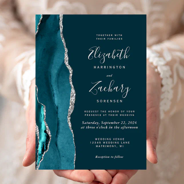Modern Dark Teal Silver Agate Wedding Invitation | Zazzle