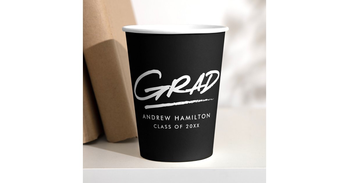 Modern Dashed Grad Black and White Graduation Paper Cups | Zazzle