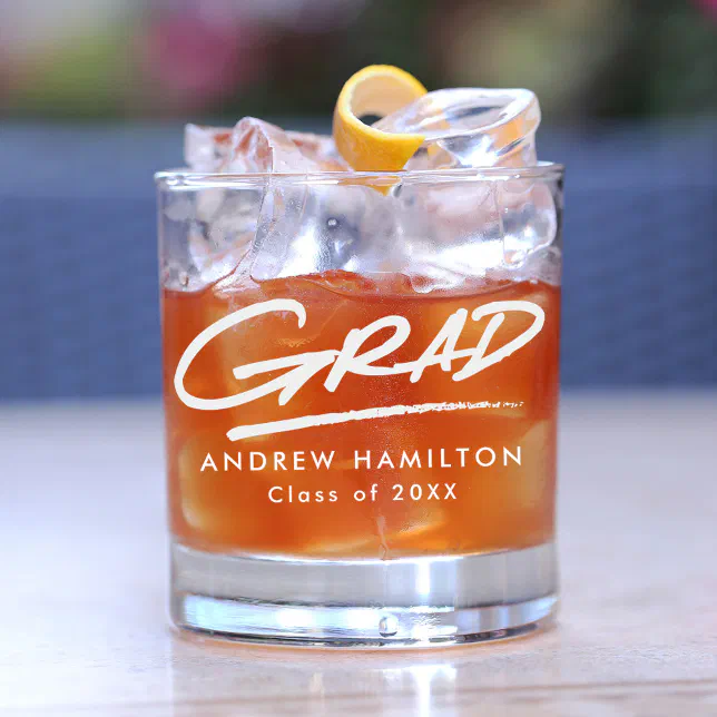 Modern Dashed Grad White Typography Graduation Whiskey Glass | Zazzle