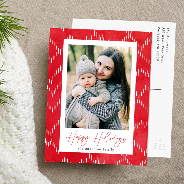 Modern Dashed Red Watercolor Photo Holiday Postcard | Zazzle