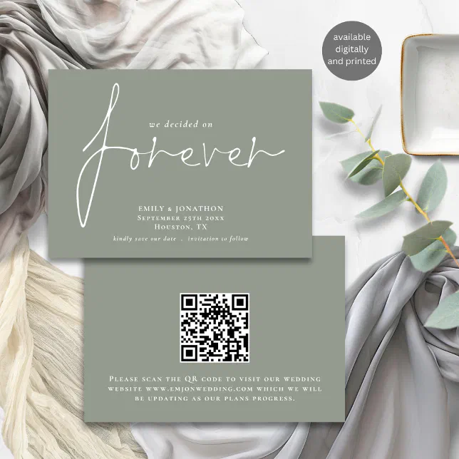 Modern Decided On Forever QR Code Sage Green Save The Date | Zazzle