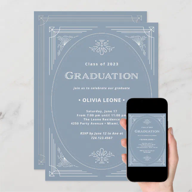Modern Deco | Dusty Blue and White Graduation Invitation | Zazzle