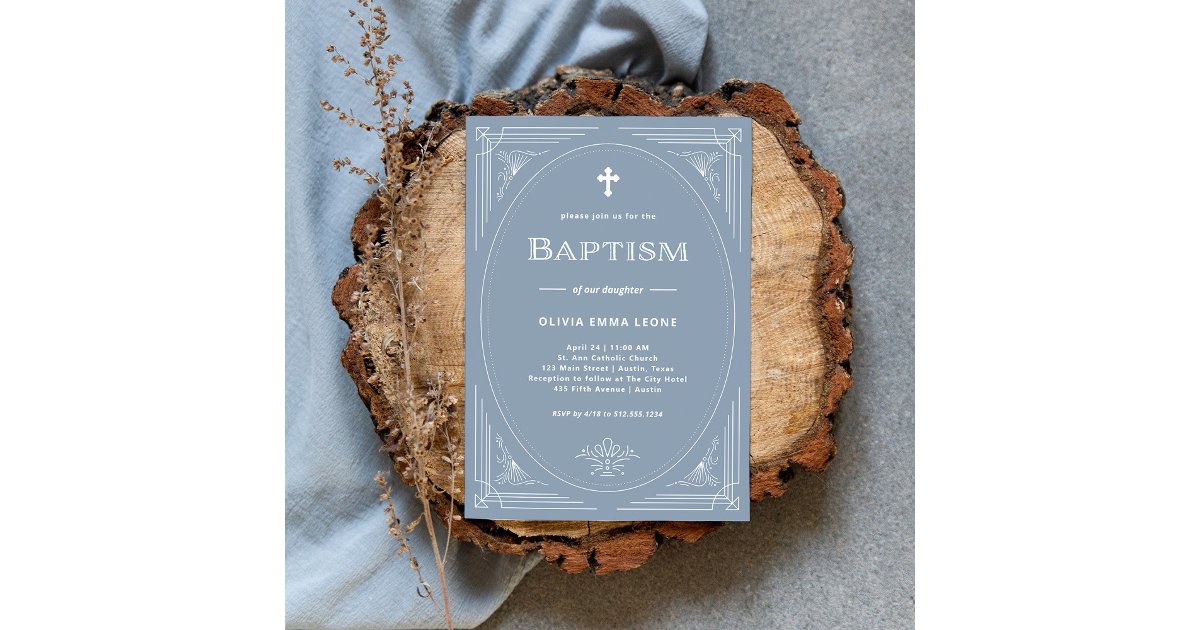 Modern Deco | Elegant Dusty Blue and White Baptism Invitation | Zazzle
