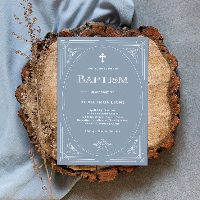 Modern Deco | Elegant Dusty Blue and White Baptism Invitation | Zazzle
