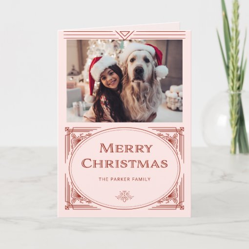 Modern Deco | Elegant Pink and Red with Photo Holiday Card | Zazzle