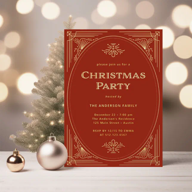 Modern Deco | Elegant Red Christmas Party Gold Foil Invitation | Zazzle