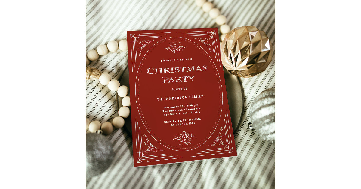 Modern Deco | Elegant Red Christmas Party Invitation | Zazzle