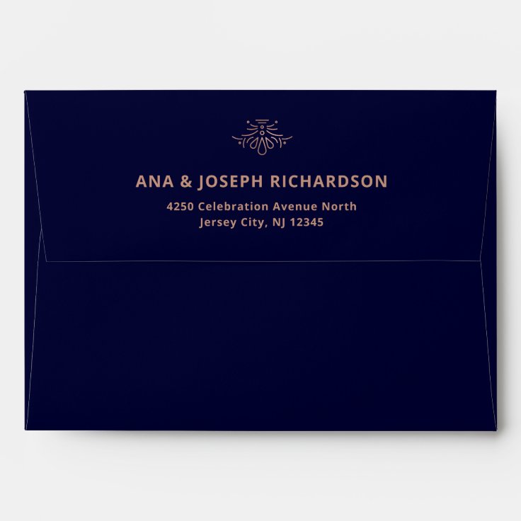 Modern Deco | Faux Rose Gold and Dark Blue Wedding Envelope | Zazzle