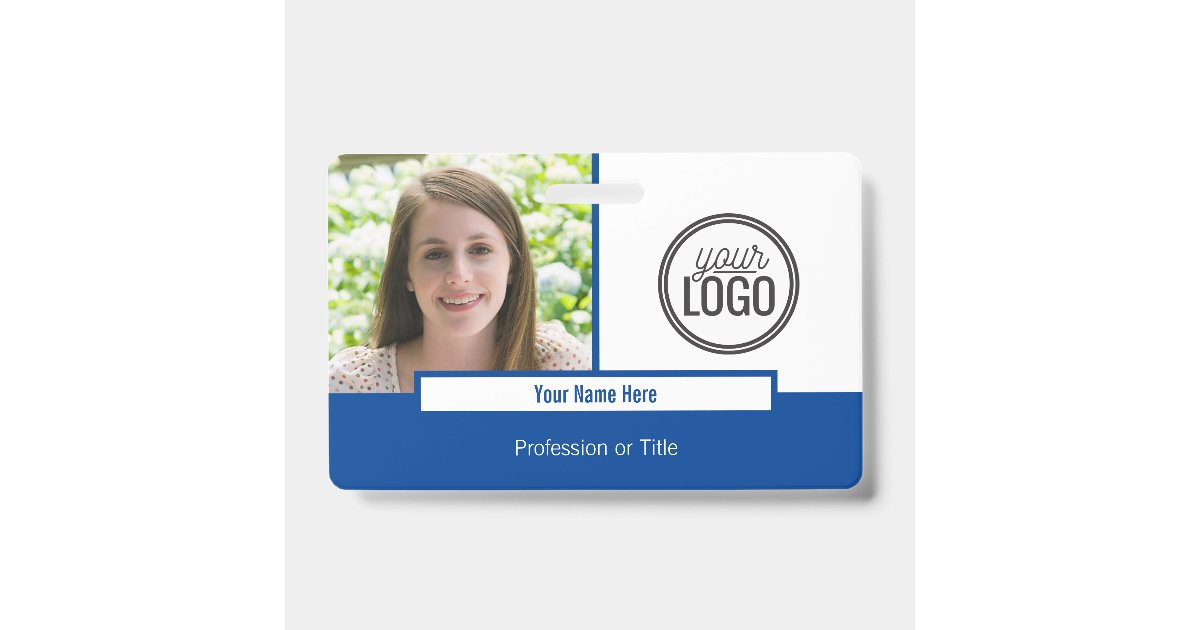 Modern Deep Blue Color Block Photo Name Tag Badge | Zazzle