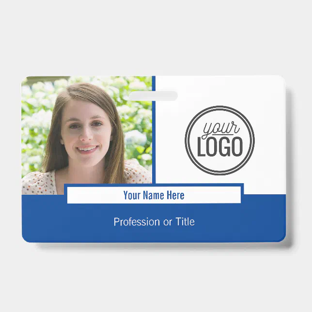 Modern Deep Blue Color Block Photo Name Tag Badge | Zazzle