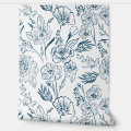 Modern Deep Blue Line Art Floral Foliage Pattern Wallpaper | Zazzle