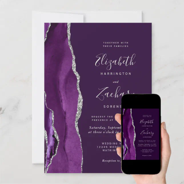 Modern Deep Purple Silver Agate Wedding Invitation | Zazzle