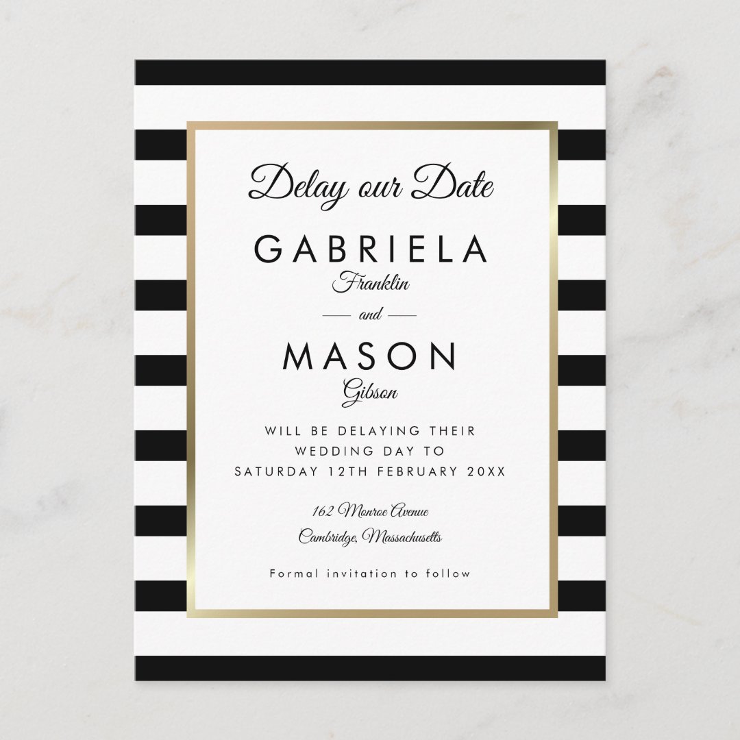 Modern Delay our Date Postponed Black and White Postcard | Zazzle
