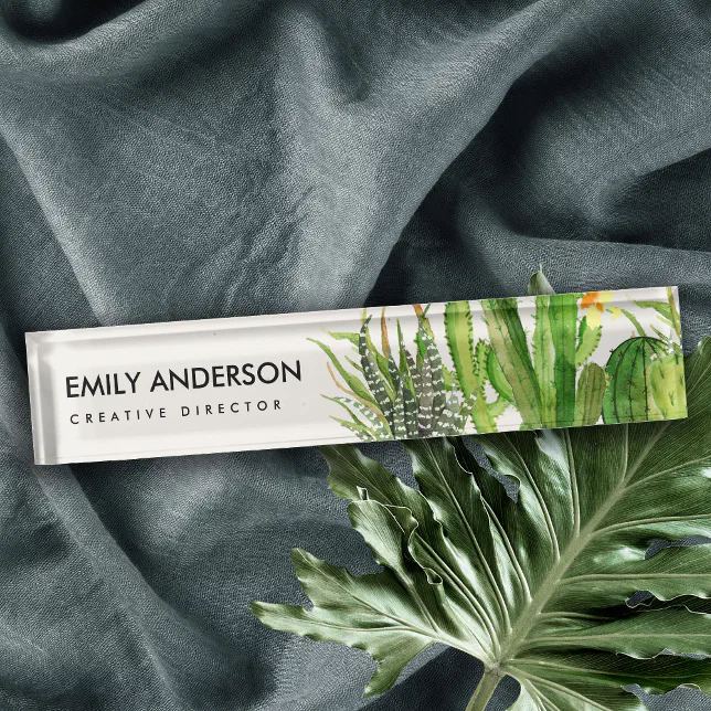 MODERN DESERT CACTUS FLORAL GARDEN WATERCOLOR DESK NAME PLATE | Zazzle