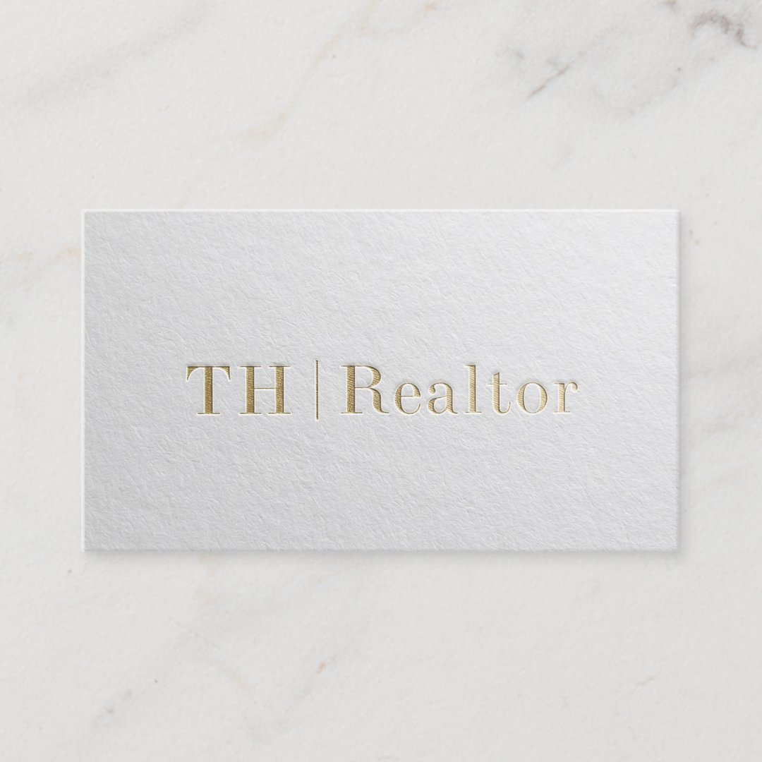 Modern Designer Minimal White & Gold Embossed Text Business Card | Zazzle