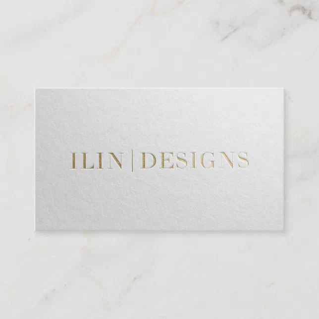 Modern Designer Minimal White & Gold Embossed Text Business Card | Zazzle