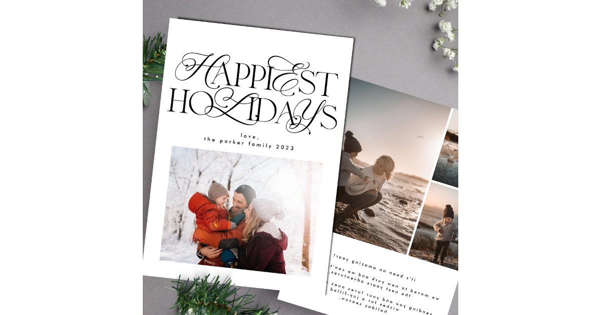 modern designer script photo collage back happiest holiday card | Zazzle