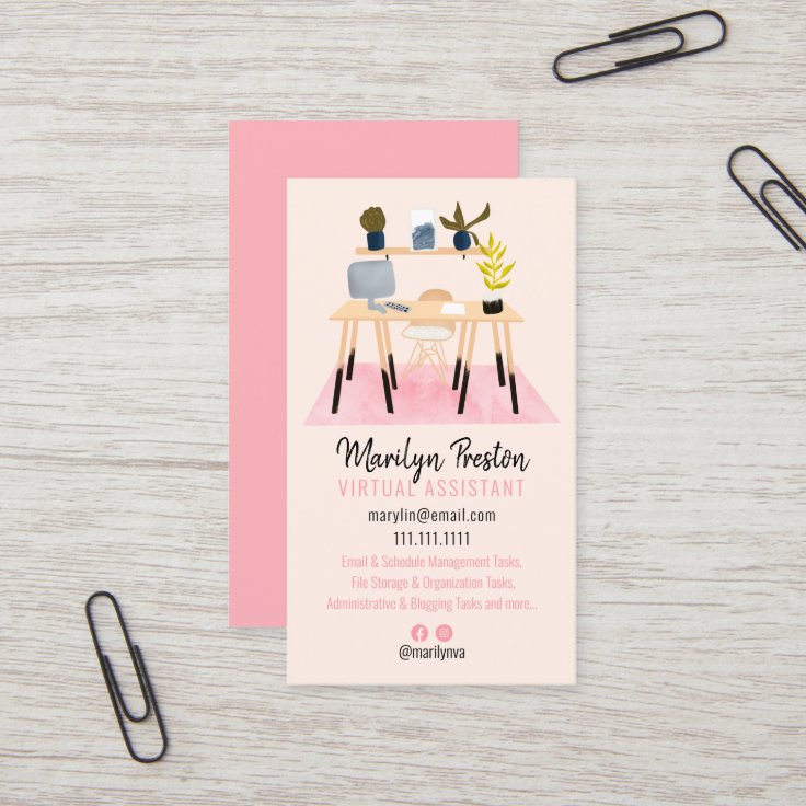 Modern desk illustration virtual assistant pink business card | Zazzle