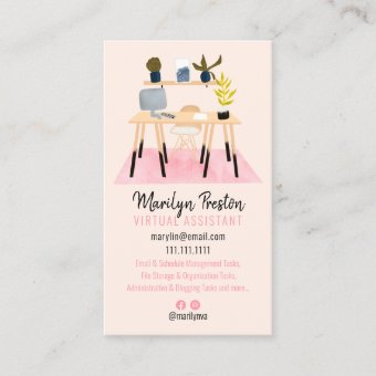 Modern desk illustration virtual assistant pink business card | Zazzle