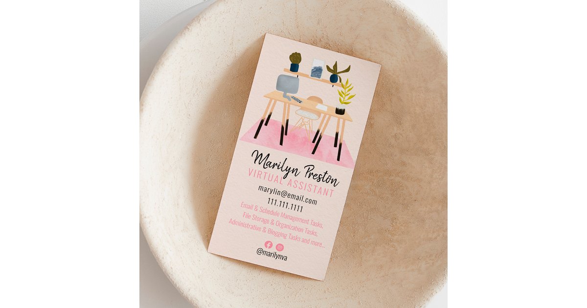 Modern desk illustration virtual assistant pink business card | Zazzle