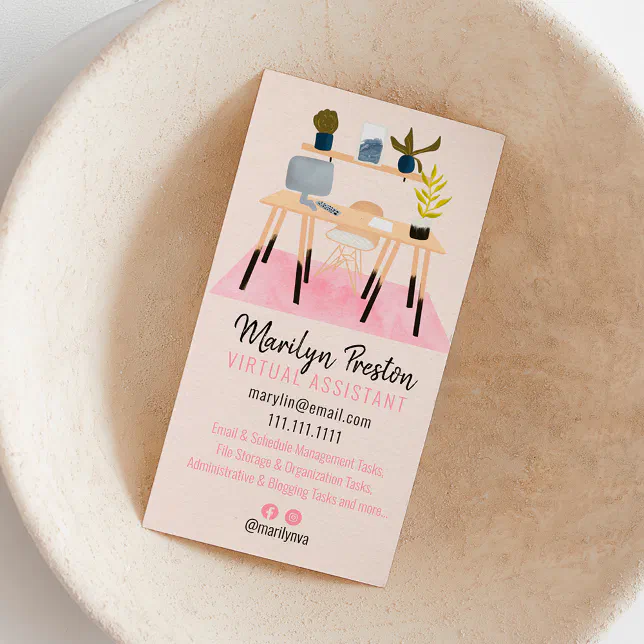 Modern desk illustration virtual assistant pink business card | Zazzle