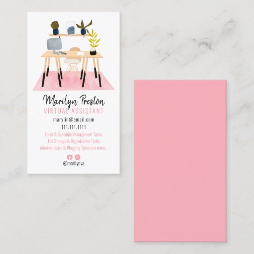 Modern desk scene illustration virtual assistant business card | Zazzle