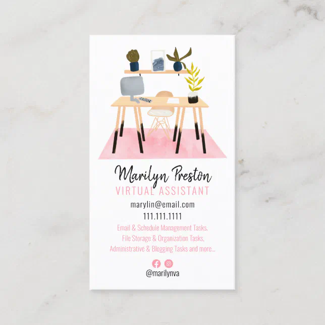 Modern desk scene illustration virtual assistant business card | Zazzle