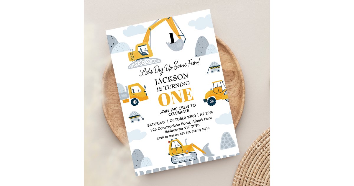 Modern Dig Up Some Fun Construction 1st Birthday Invitation | Zazzle