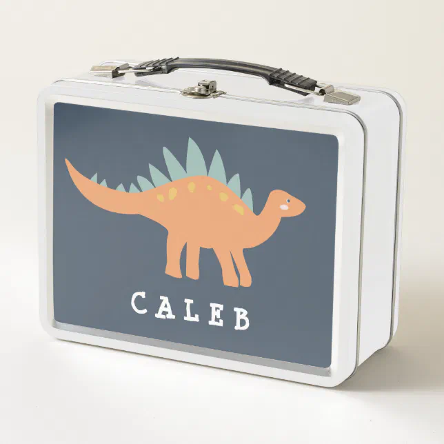 Modern Dinosaur Navy & Orange Personalized Metal Lunch Box | Zazzle