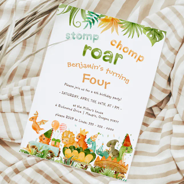 Modern Dinosaur Stomp Chomp Roar 4th Birthday Invitation | Zazzle