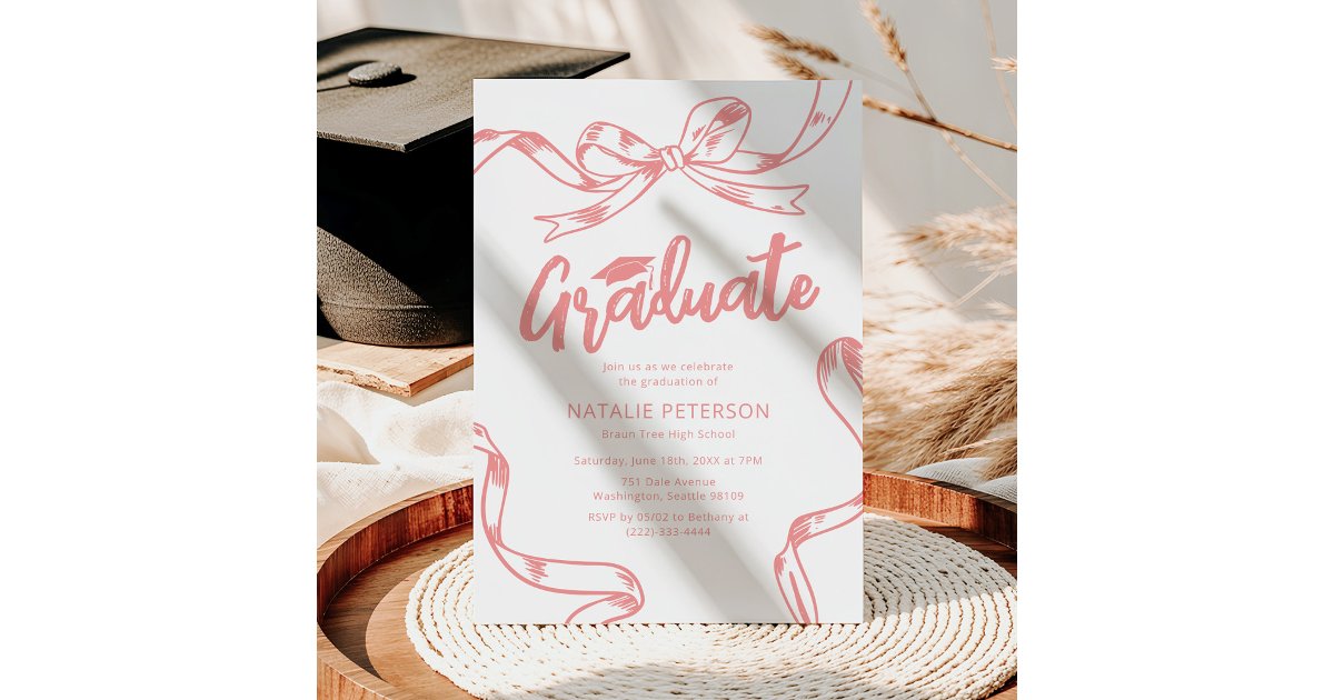 Modern Doodle Pink Bow Graduation Party Invitation | Zazzle