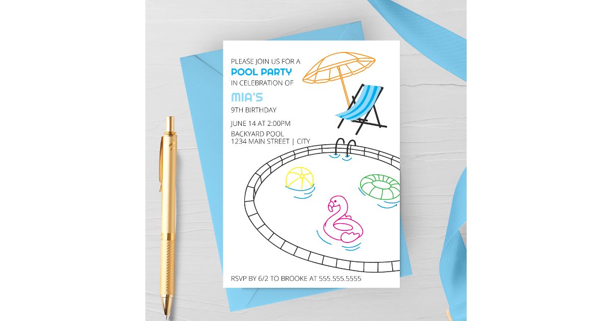 Modern Doodles Pool Party Birthday Invitation | Zazzle